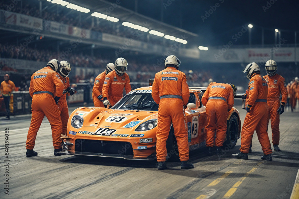 Professional pit crew ready for action as their team's race car arrives ...