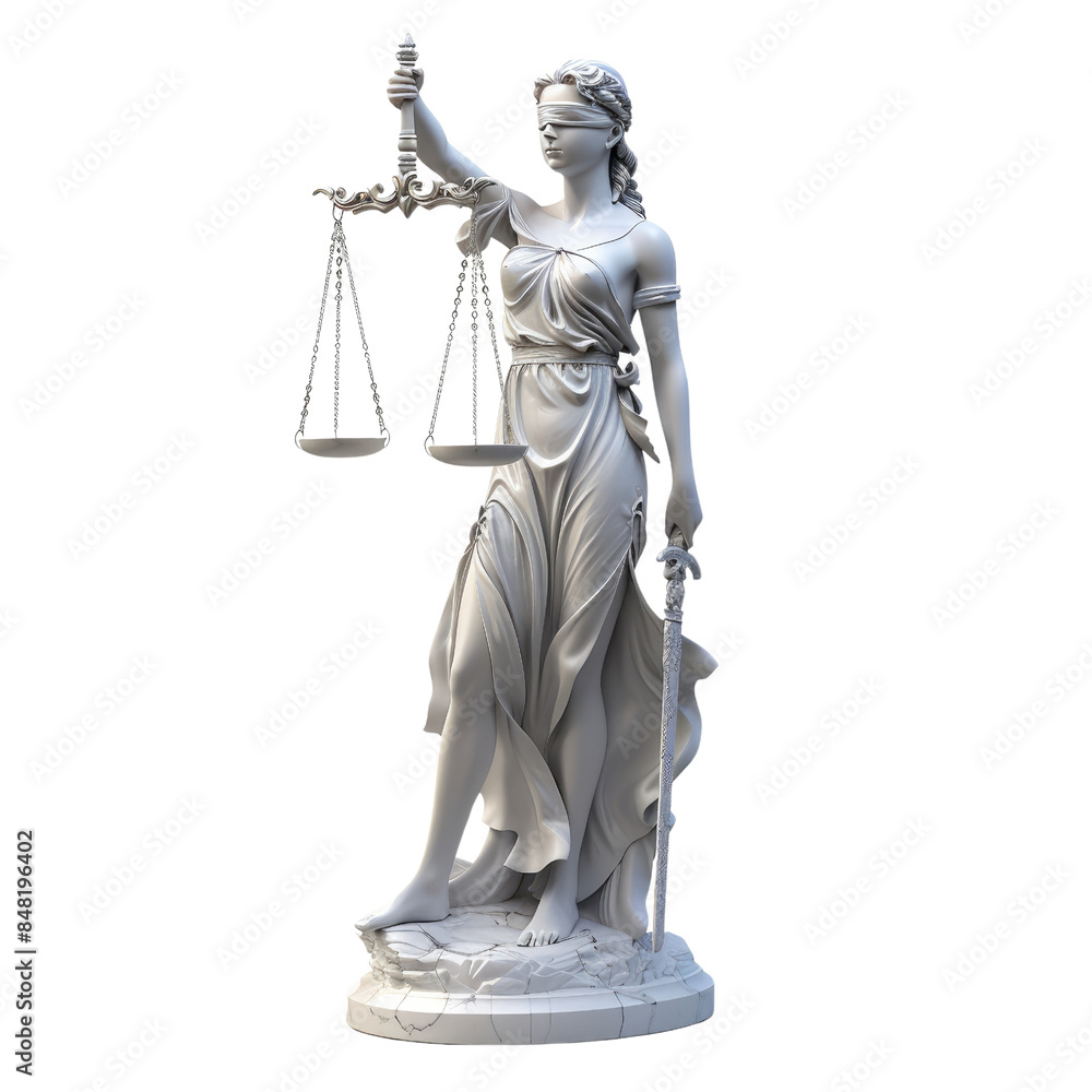 3D Lady Justice statue blindfolded and holding scales, with marble ...