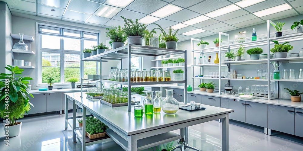 Laboratory interior with modern lab equipment and various herbs on ...