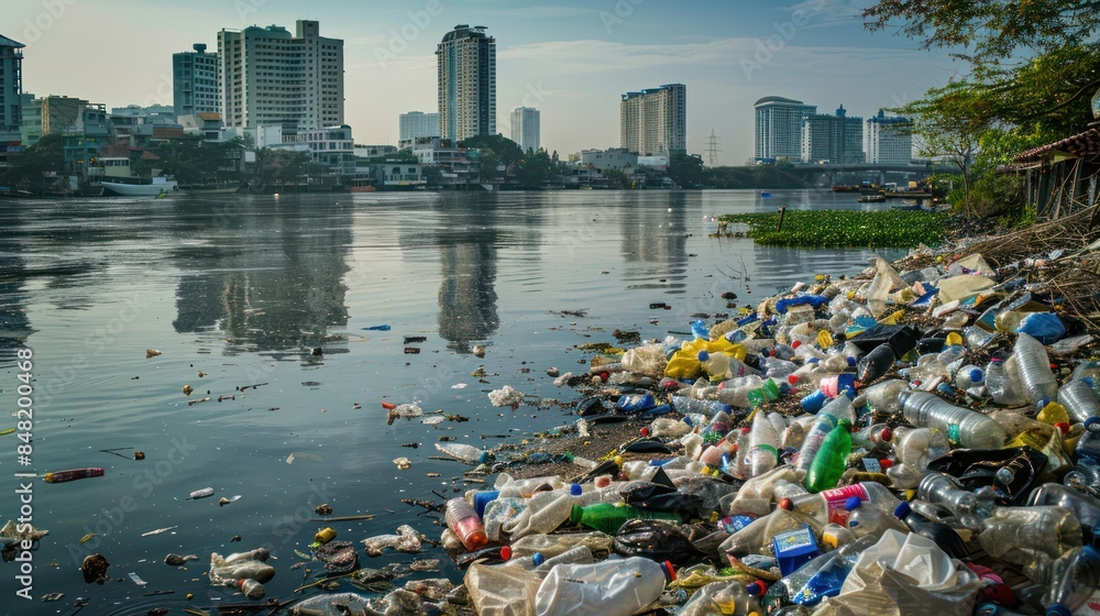 Plastic Pollution in Riverbanks: Photograph plastic bottles, bags, and ...