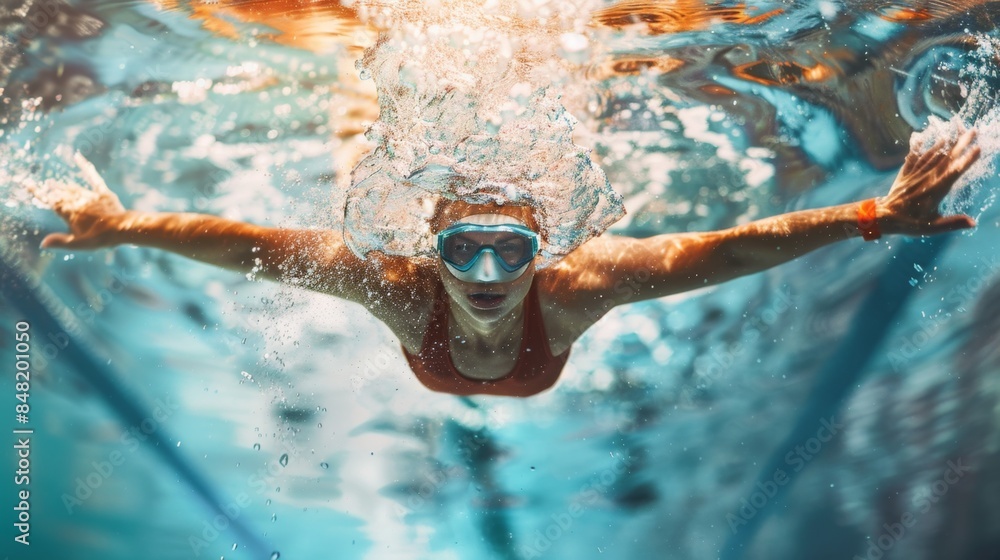 Shooting from under the water of a swimmer in the water swimming to the ...