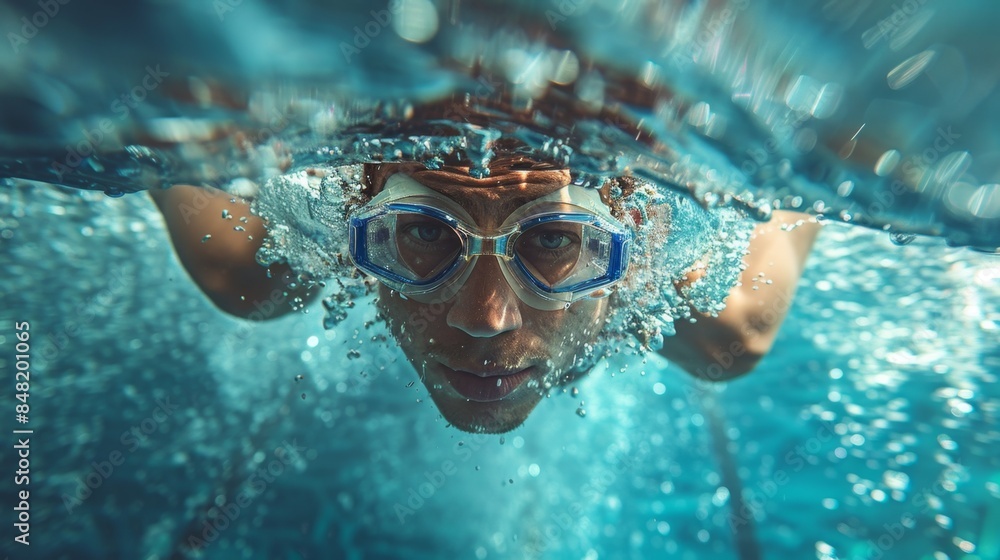 Shooting from under the water of a swimmer in the water swimming to the ...