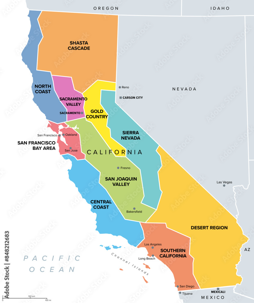 California, major regions, political map. State in the Western United ...