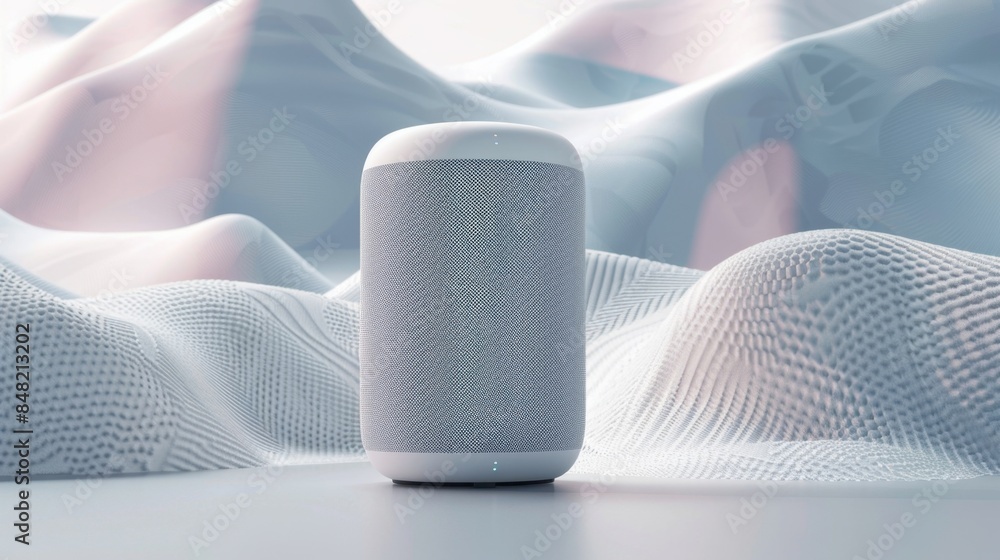 A stylish smart speaker with a minimalist design, presented on a clear ...