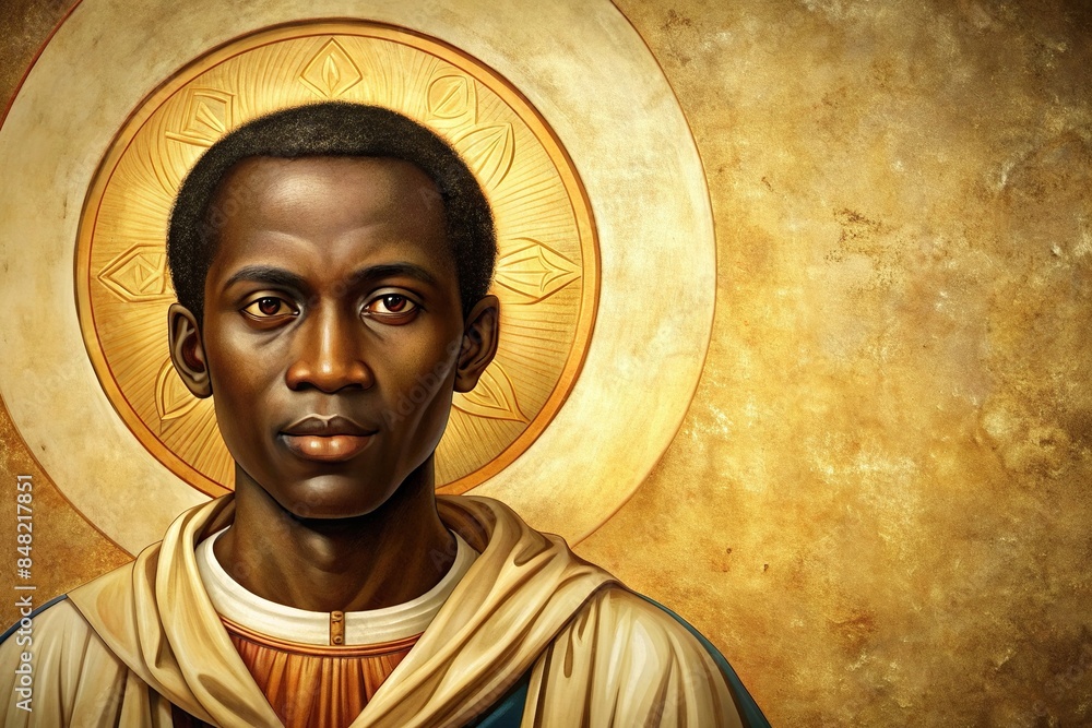 Biblical of St. Charles Lwanga in martyrdom on beige background with ...