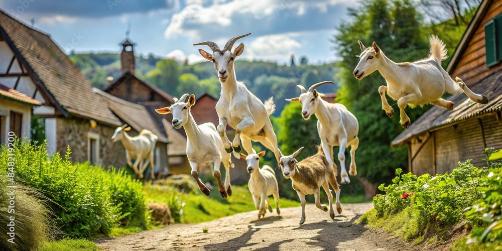 Goats jumping and frolicking in a picturesque village setting, Goats ... Goats jumping and frolicking in a picturesque village setting, Goats ...