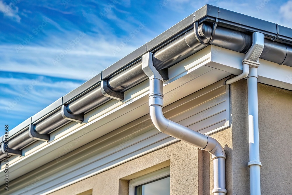 Guttering system with grey zinc on the house facade, white PVC ...