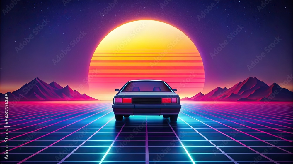 80s retro style of a car driving into the sunset, with a synthwave ...