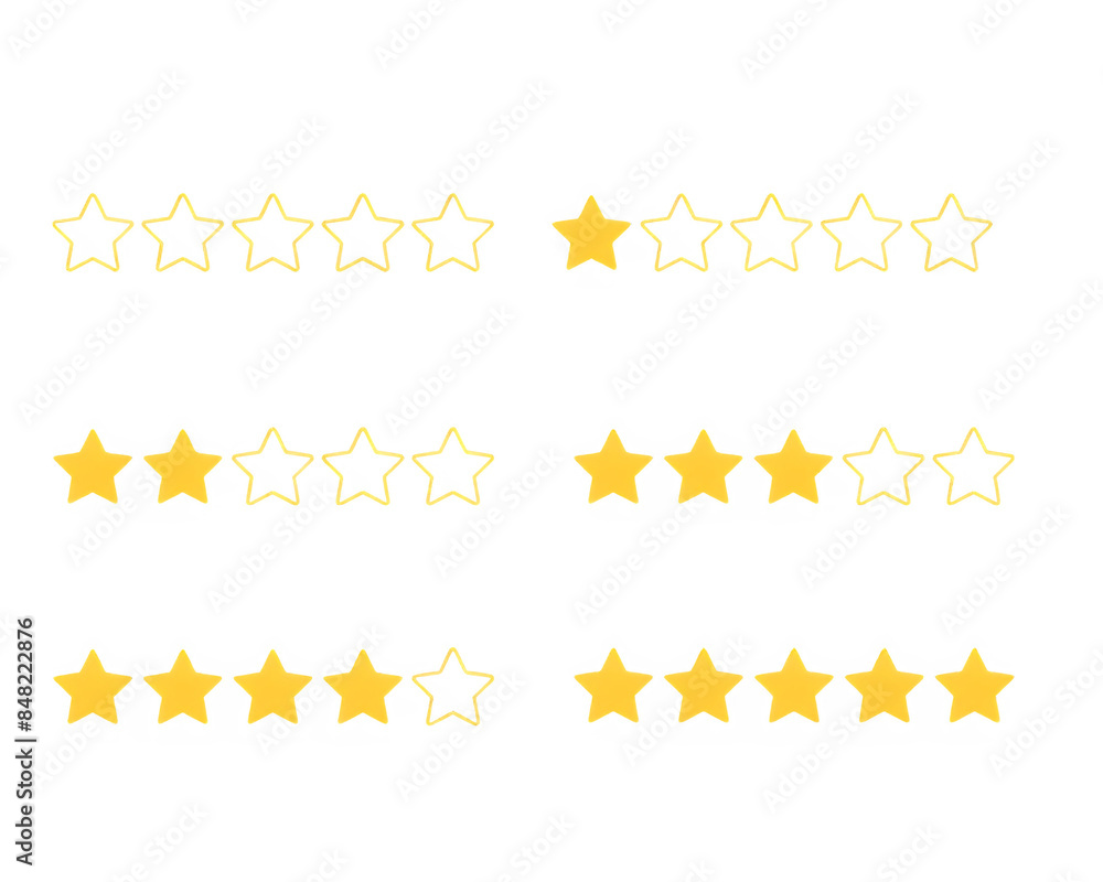 Collections of rating stars isolated on transparent background. One star, Two stars, Three stars ...