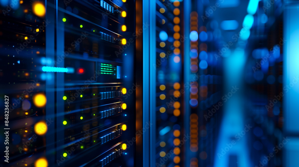 Data center with server racks and glowing lights. Modern data center ...