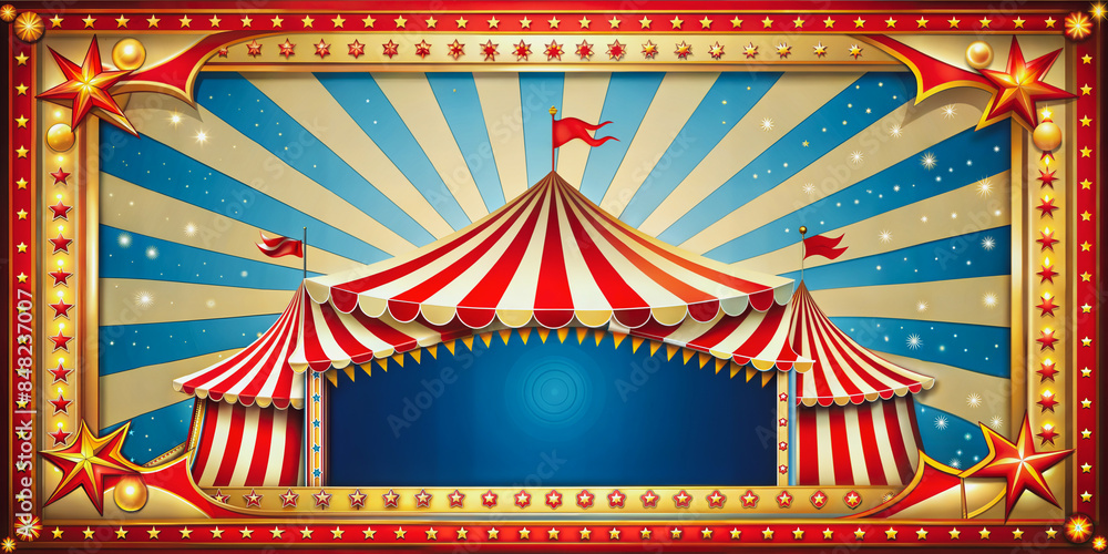 Circus-themed background with a vibrant circus tent and ample copy ...