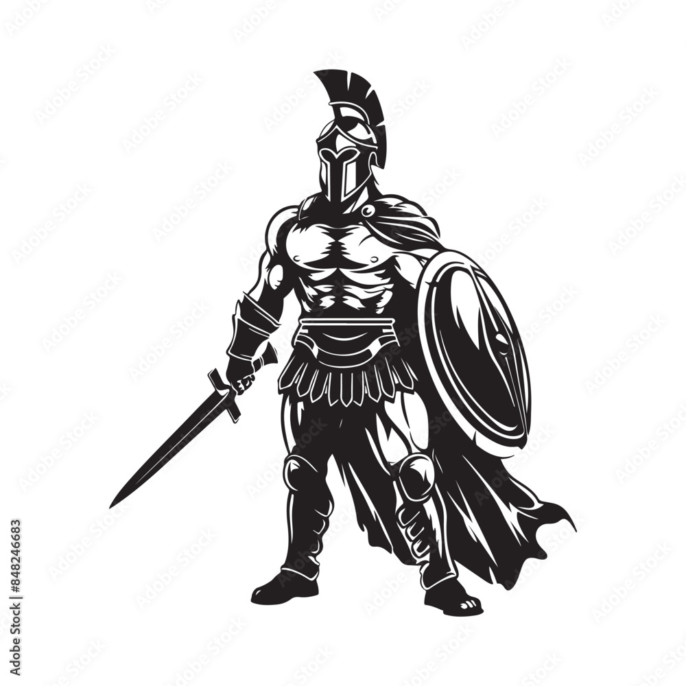 Spartan warrior with weapons and armor, logo. Vector illustration ...