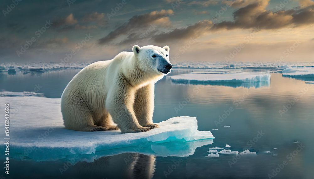white polar bear seated on a shrinking ice floe in the Arctic Sea ...