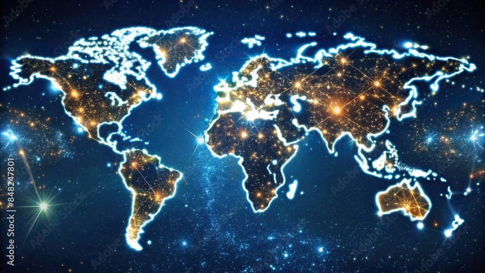 Night time map of world with illuminated cities and stars in the sky ...