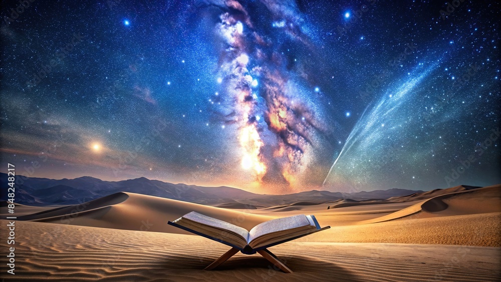 Quran open under starry night sky in mystical desert setting, Quran ...