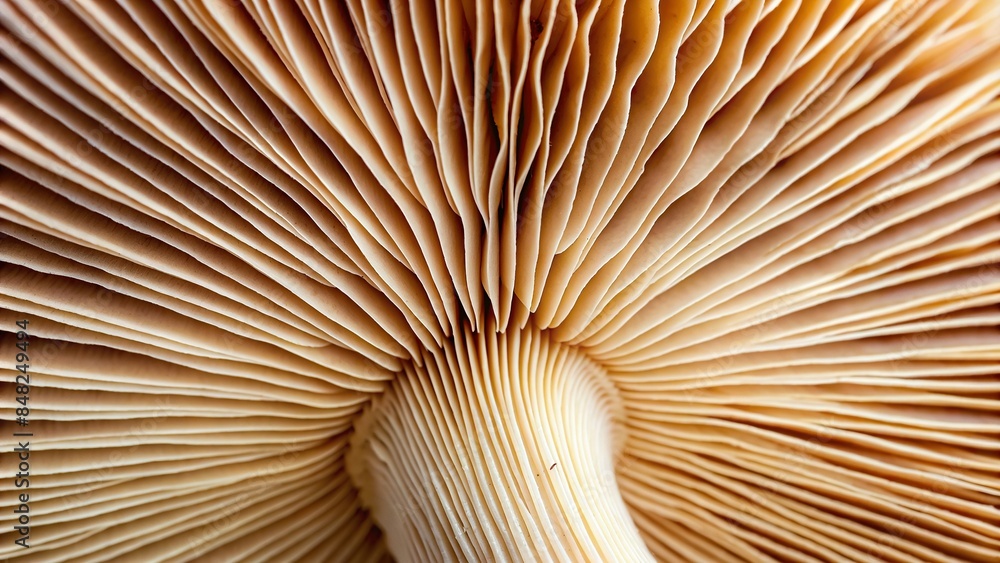 Close-up of the underside of a mushroom cap, showing gills and texture ...