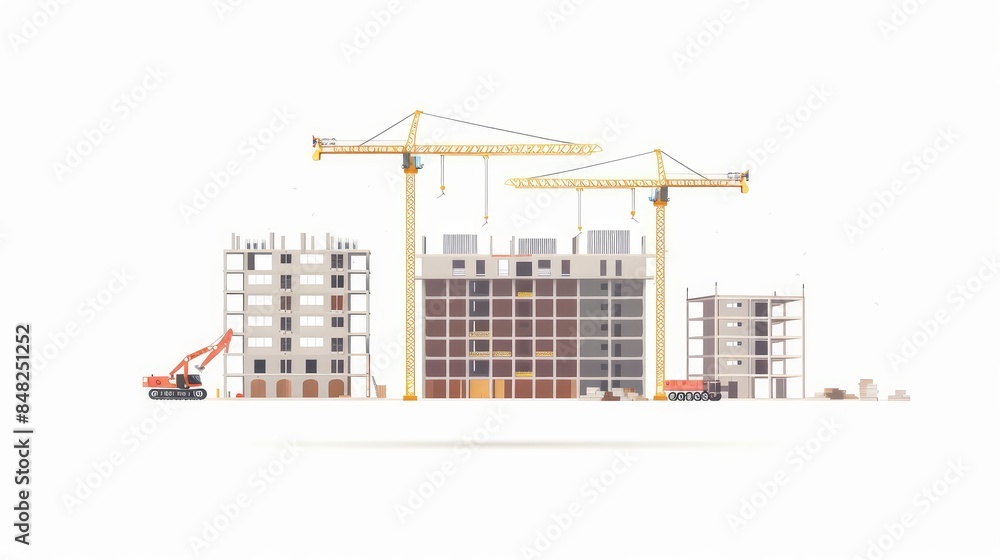 An underconstruction building accompanied by tower cranes against the ...