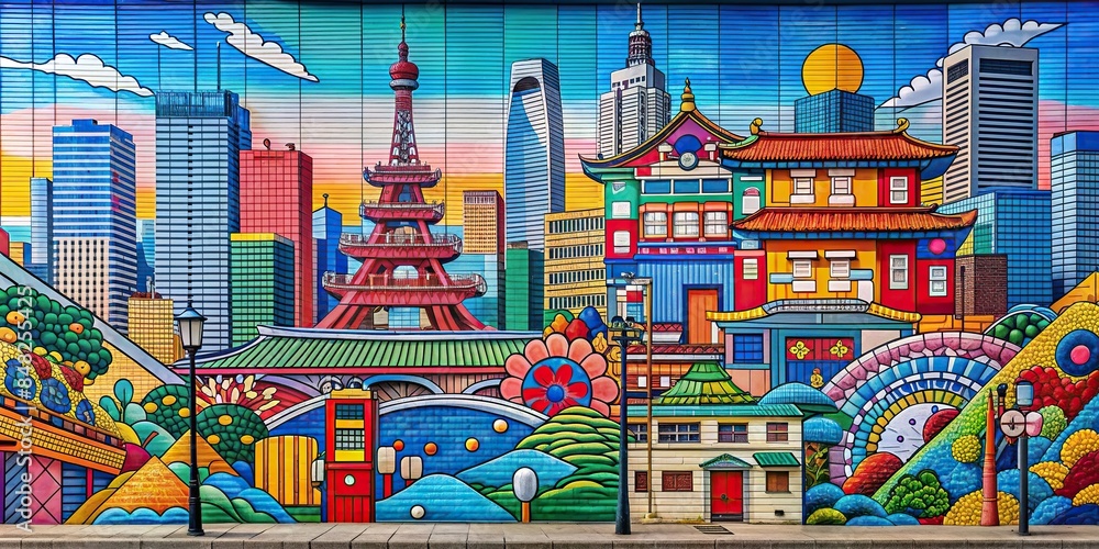 Vibrant pop art inspired mural in Tokyo showcasing cultural attractions ...