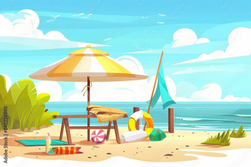 Cartoon illustration of a beach setup with an umbrella, surfboard, and ...