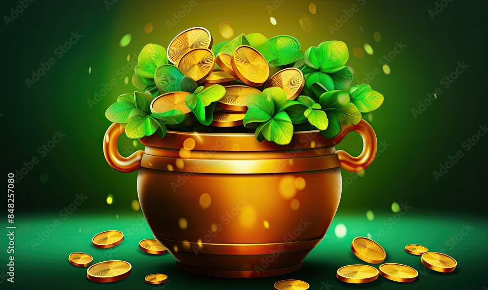 Pot of Gold at the End of a Rainbow with Shamrock Leaves. Green ...