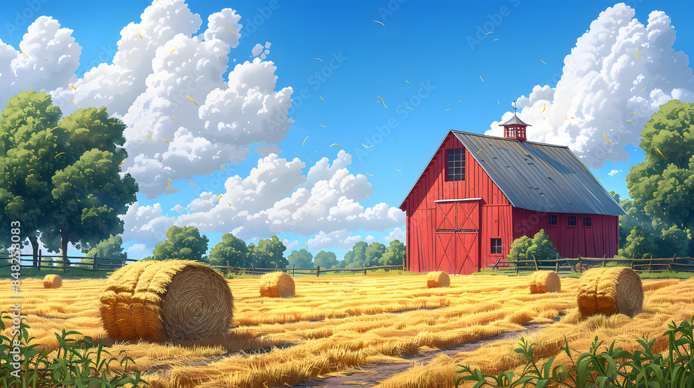 A colorful cartoon illustration of a farm scene featuring a red barn ...