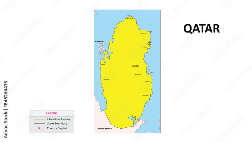 Qatar Map. Major city in Qatar. Political map of Qatar with border and ...