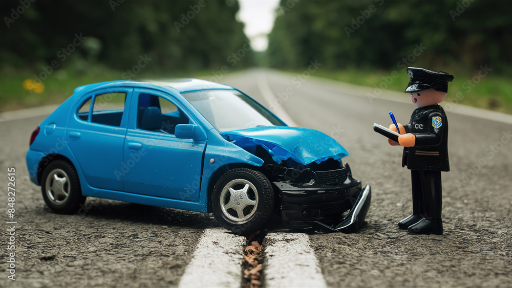 miniature toy depiction on car crash accident with police involved ...