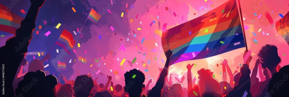 Horizontal banner. LGBT Pride Month. Hand with rainbow flag over crowd ...