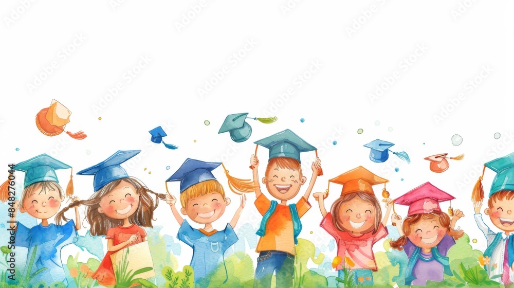 Horizontal banner, flat illustration. Smiling children in graduation ...