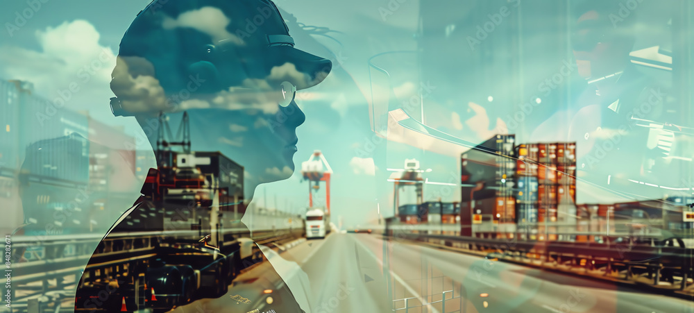Border Control Double exposure of a customs officer with an overlay of ...