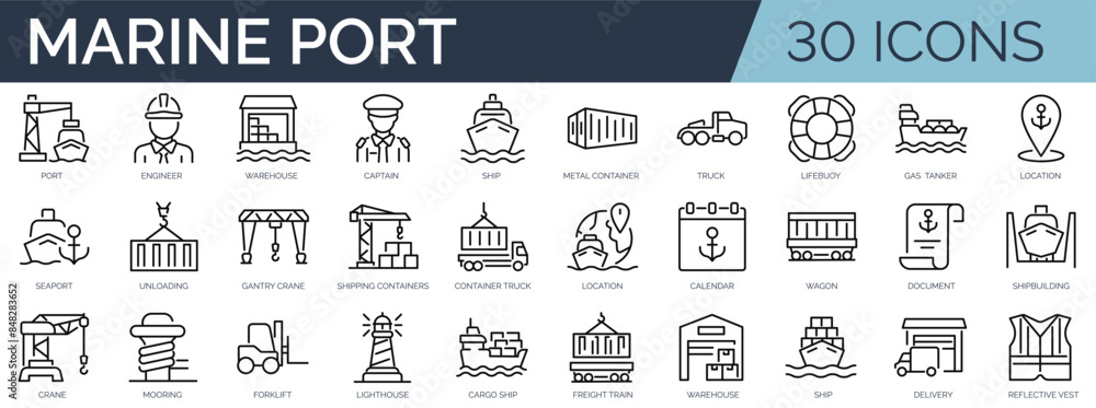 Set of 30 outline icons related to marine port. Linear icon collection ...