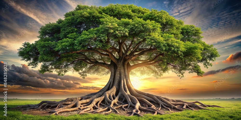 Artistic representation of an ancient tree with sprawling roots ...
