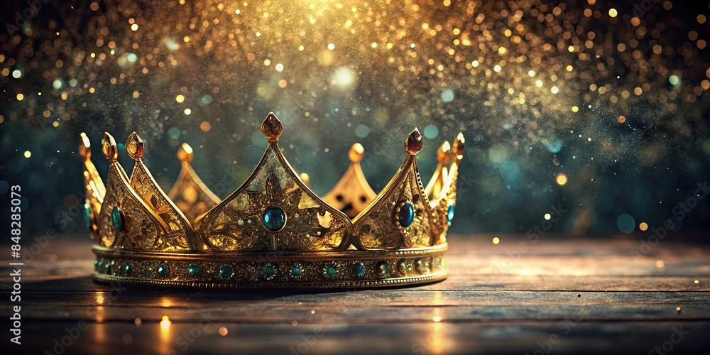 Low key image of a beautiful queen or king crown on a glitter table in ...