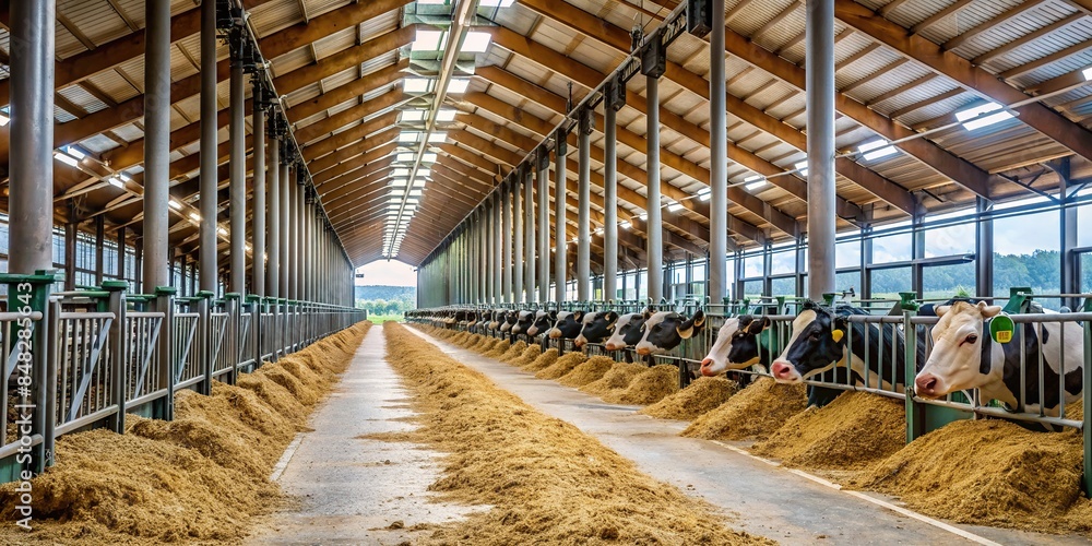 Row of silage in a dairy barn with stanchions for cattle to eat through ...