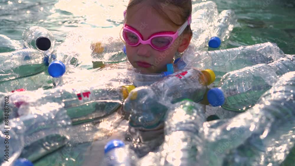 Child playing among the trash and rubbish. A little girl swims among ...