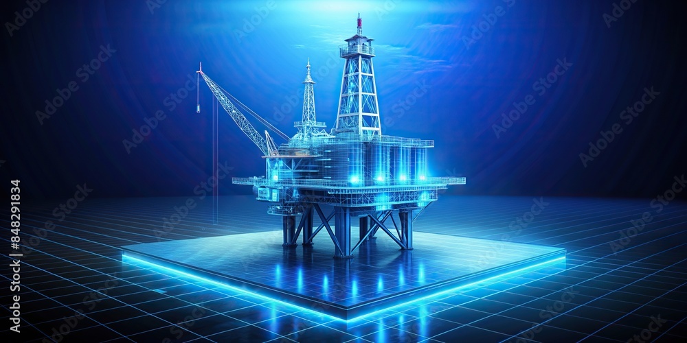 ภาพประกอบสต็อก Hologram of an oil rig on a blue background , hologram ...