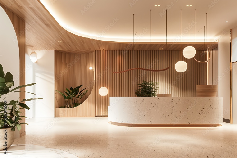 The chic lobby area of a hotel with a sleek circular reception desk ...
