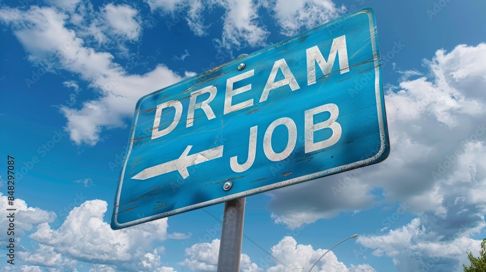 road sign against a bright blue sky with the words DREAM JOB and an ...