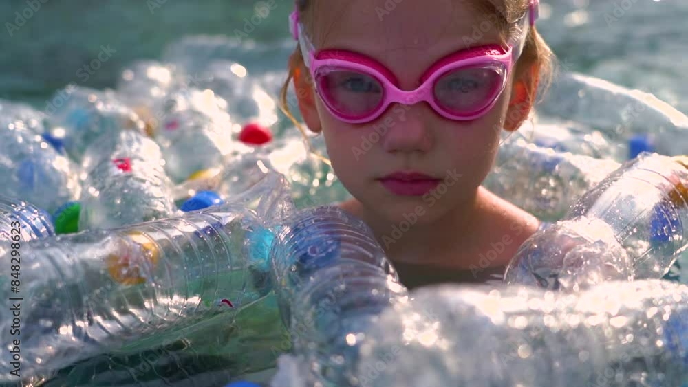 Child playing among the trash and rubbish. A little girl swims among ...