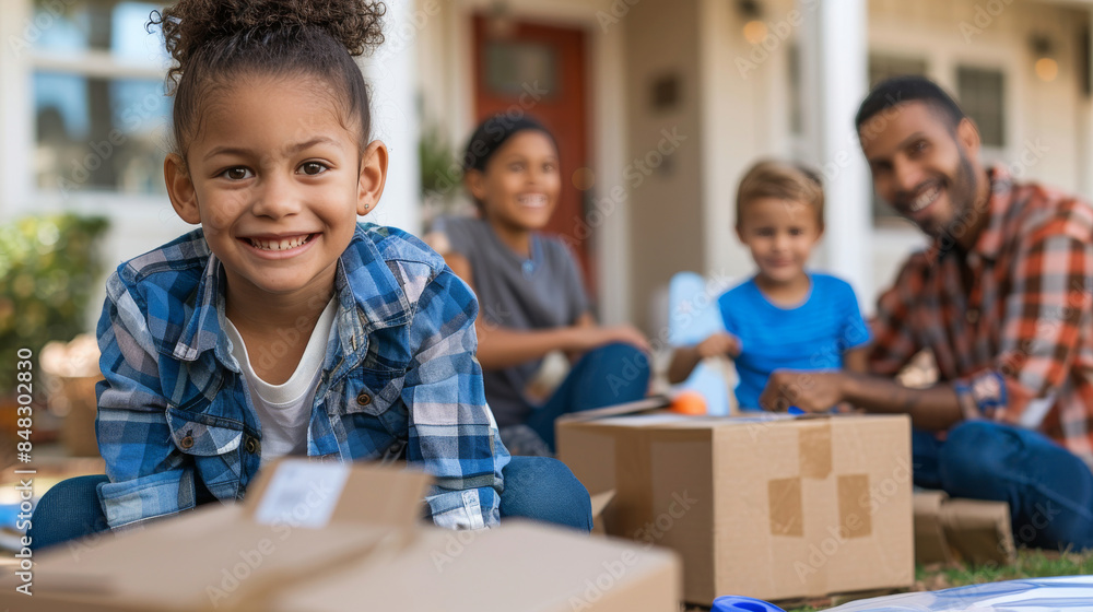 Family happily unpacking boxes in their new home children playing with ...