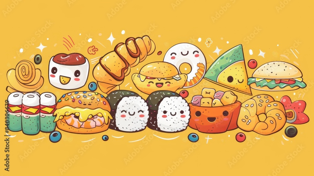Variety of animated food items with faces, including a cheese roll, a ...