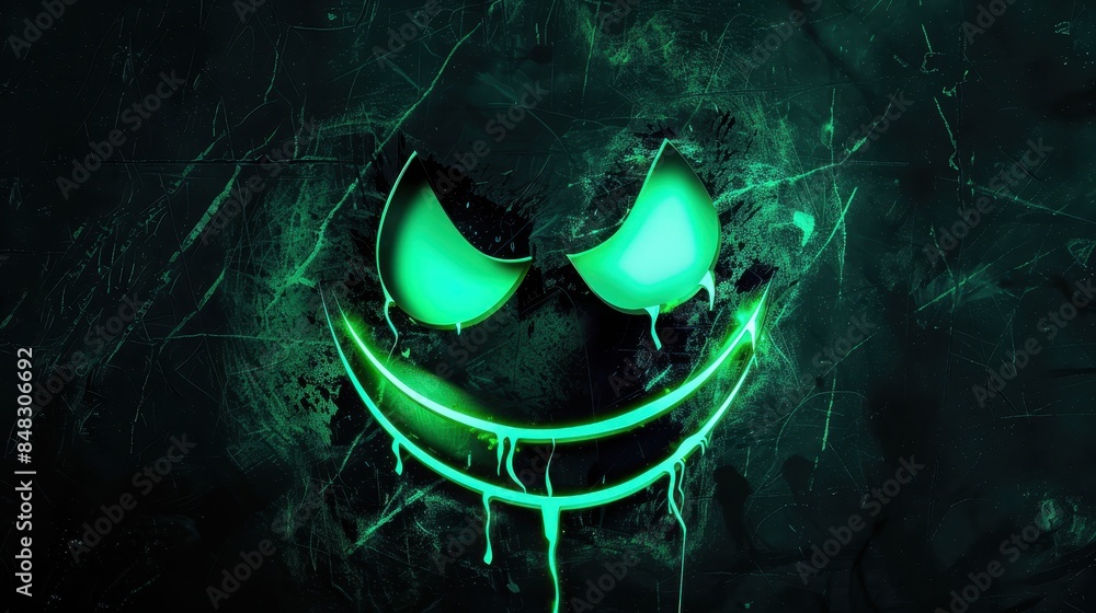 ภาพประกอบสต็อก Stylized, neon green smiley face with a wide, curved ...