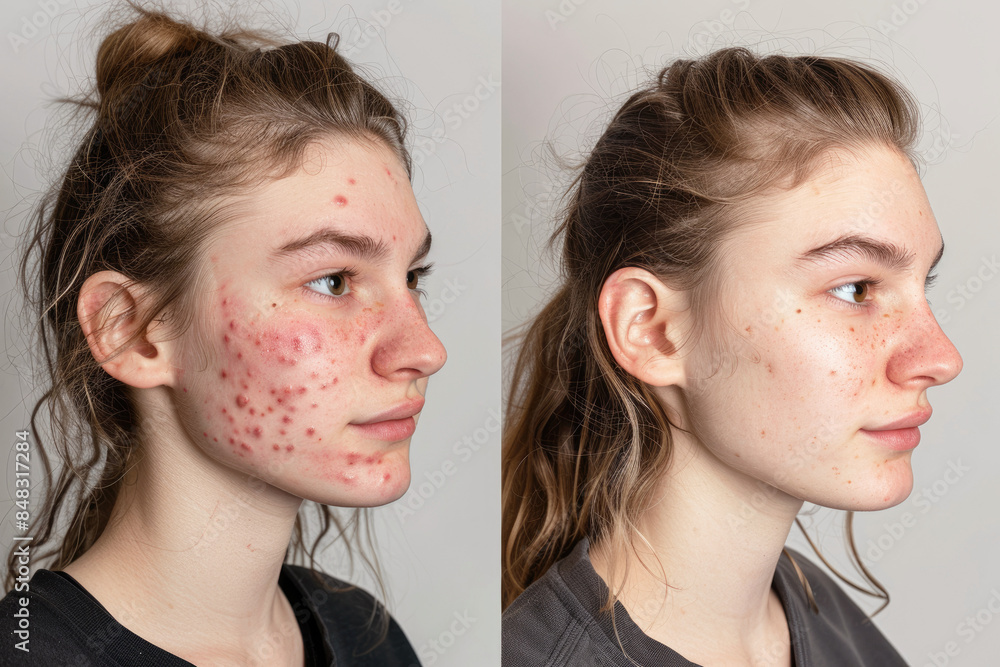 Acne treatment. A side-by-side comparison showing marked improvement in ...