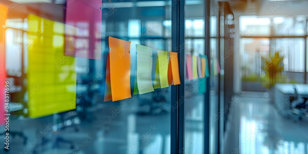 Colorful sticky notes on glass wall for project organization in ...