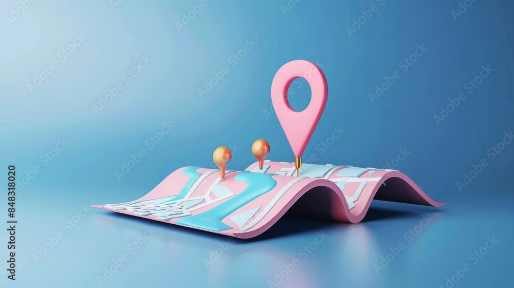 Folded paper map with search bar and pin icon for GPS navigation. Ideal ...