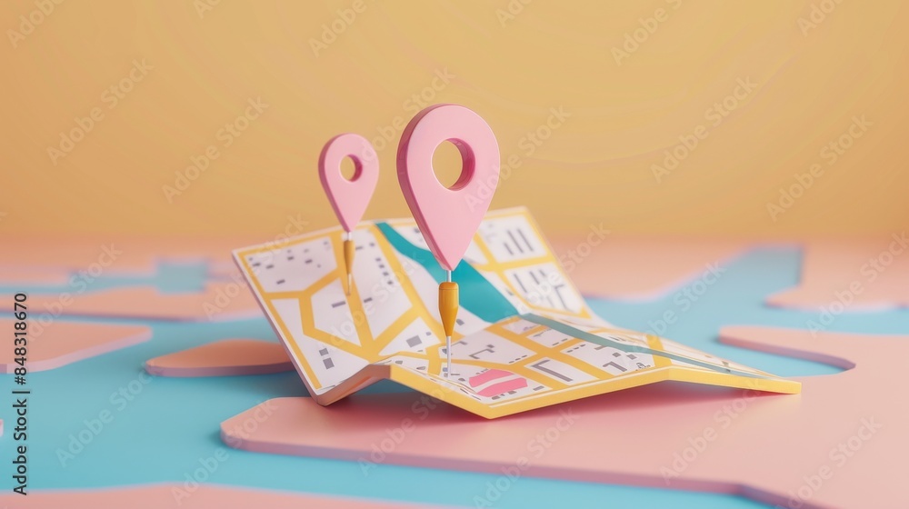 Folded paper map with search bar and pin icon for GPS navigation. Ideal ...