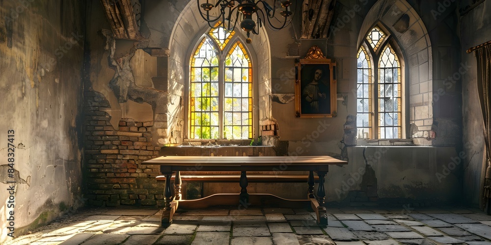 Medieval castle room with arched stained glass window wooden table ...
