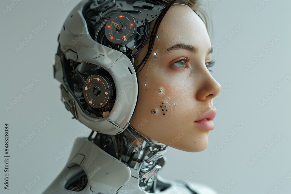 Portrait of a humanoid mechanical cyborg with the face of an attractive ...