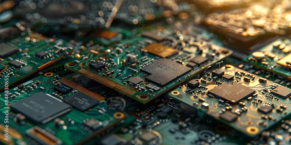 Blurred image of discarded laptop parts for electronic waste recycling ...