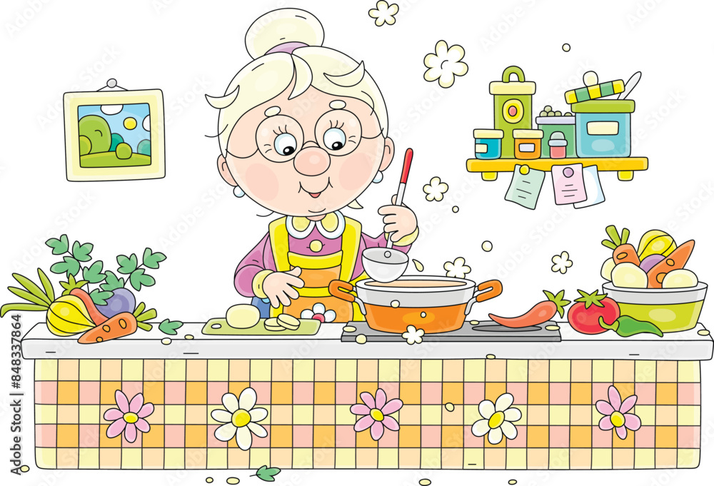 Funny granny cooking an original tasty soup with fresh vegetables and ...